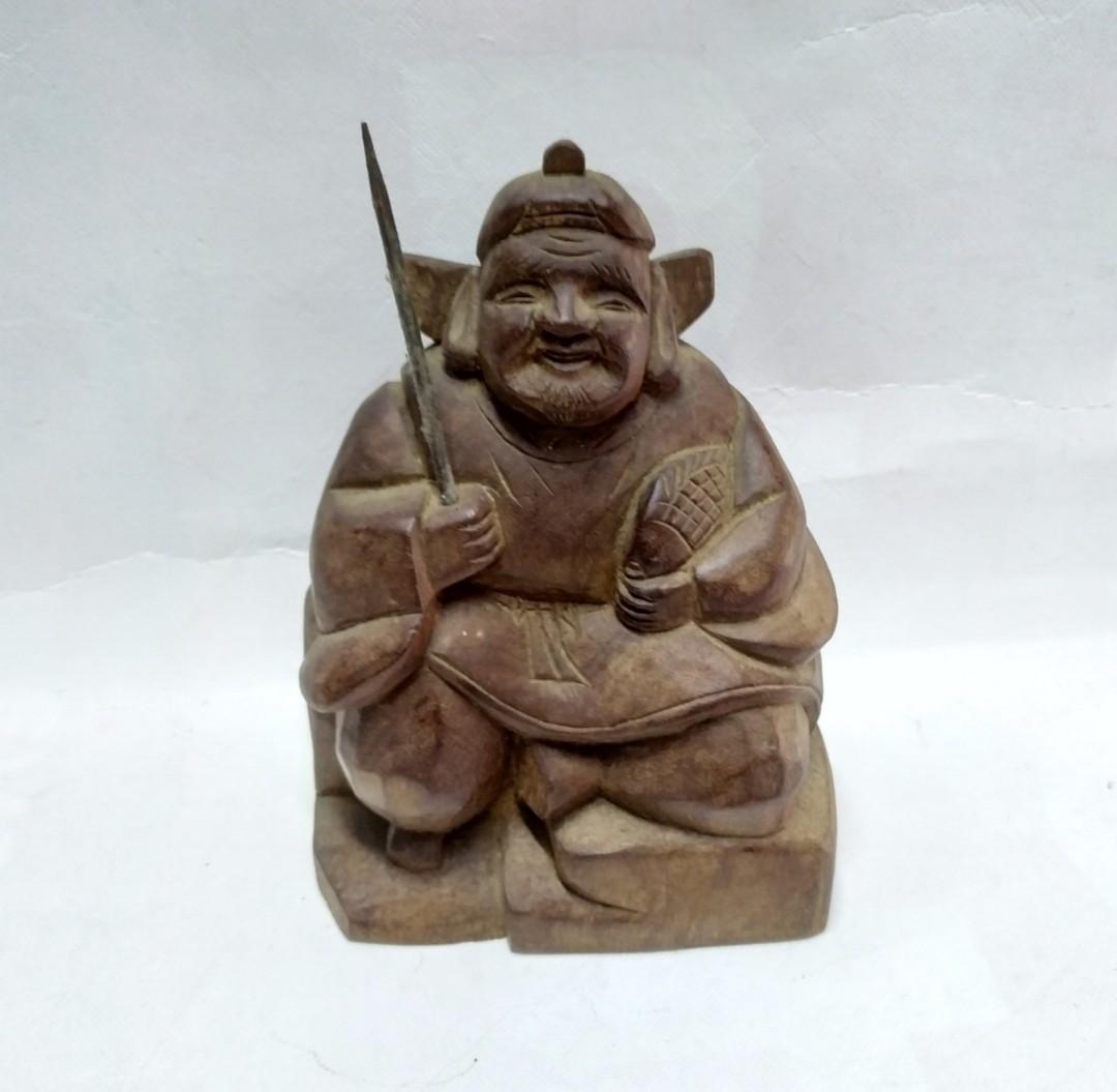 Japanese Wooden Statue Vtg 7 Lucky Gods Ebisu Wood Carving Brown ...