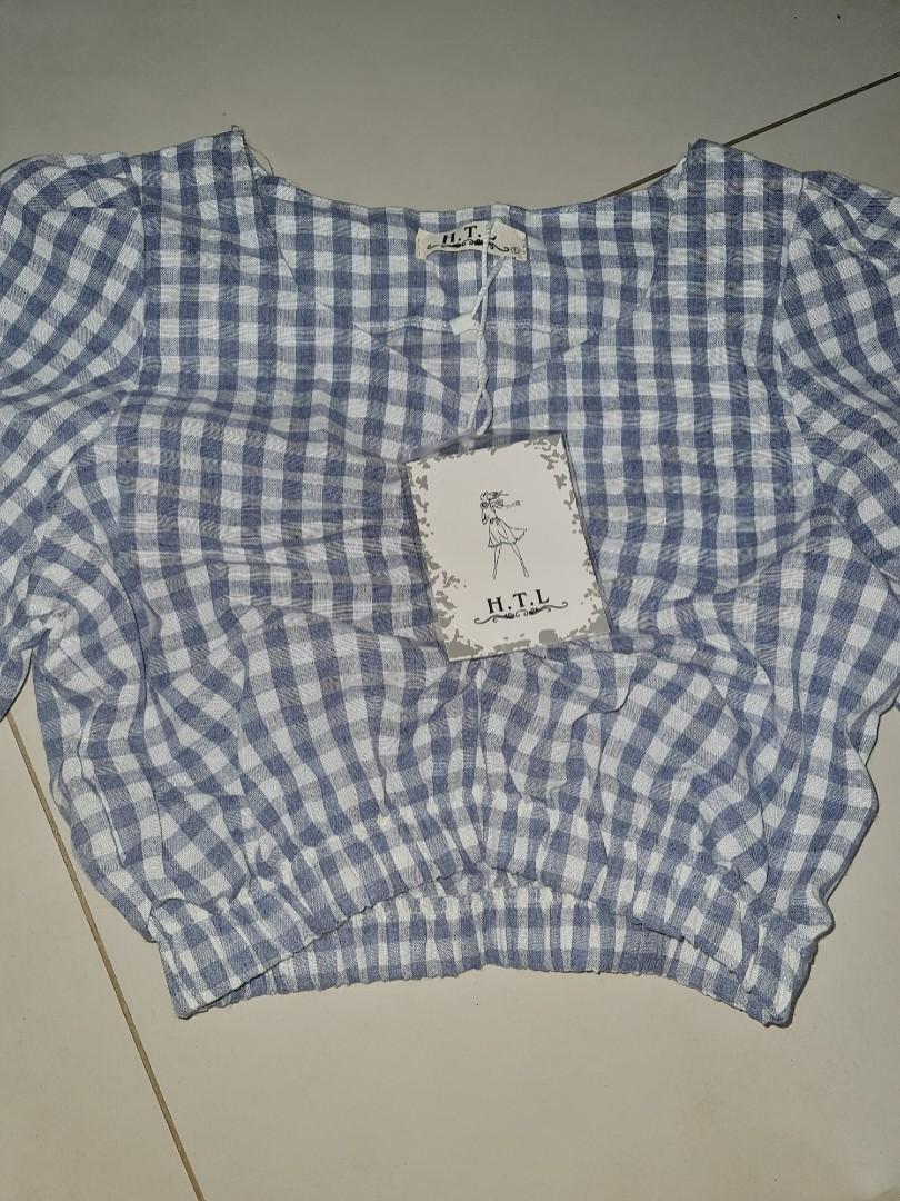 Korean blue checkered top on Carousell