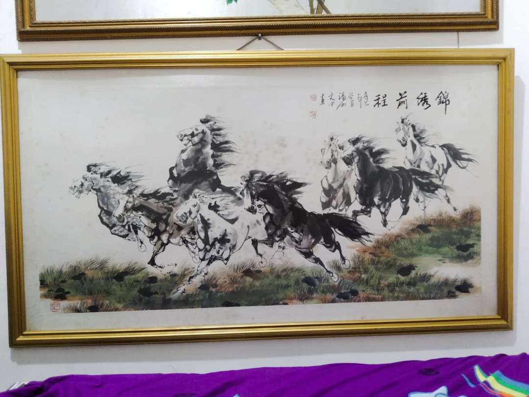 Lukisan Tinta Cina Kuda Berlari Bingkai Kaca Cap China Kuno Jadul Antik ...