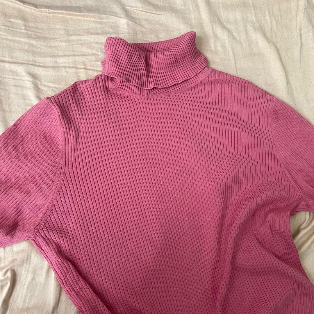 Pink Turtle Neck Knitted Sweater Womens Fashion Tops Longsleeves On