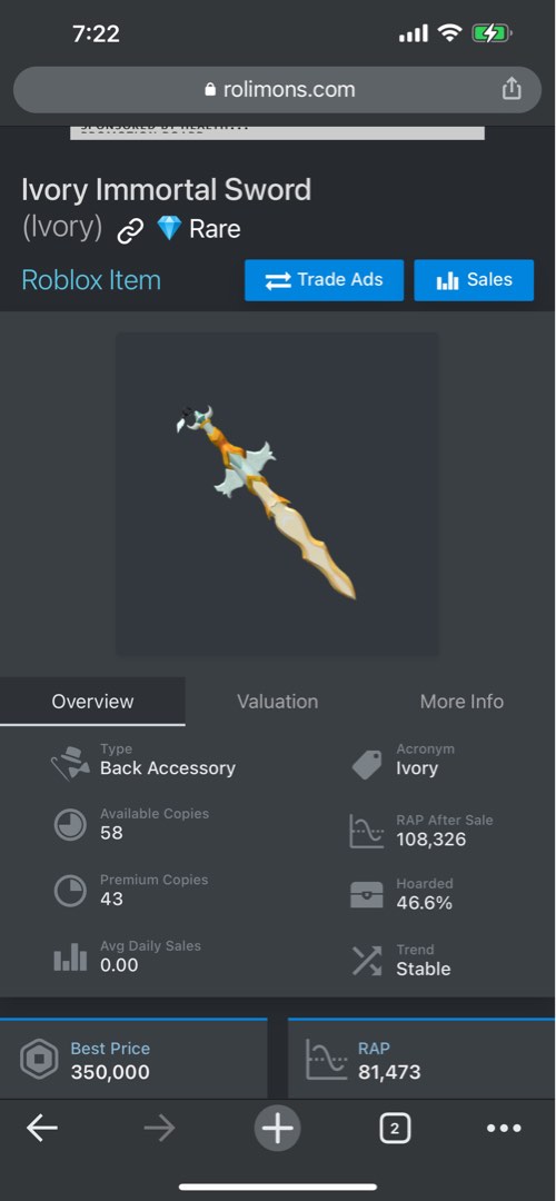 Roblox Limited -Ivory Immortal Sword (Ivory), Video Gaming, Gaming ...