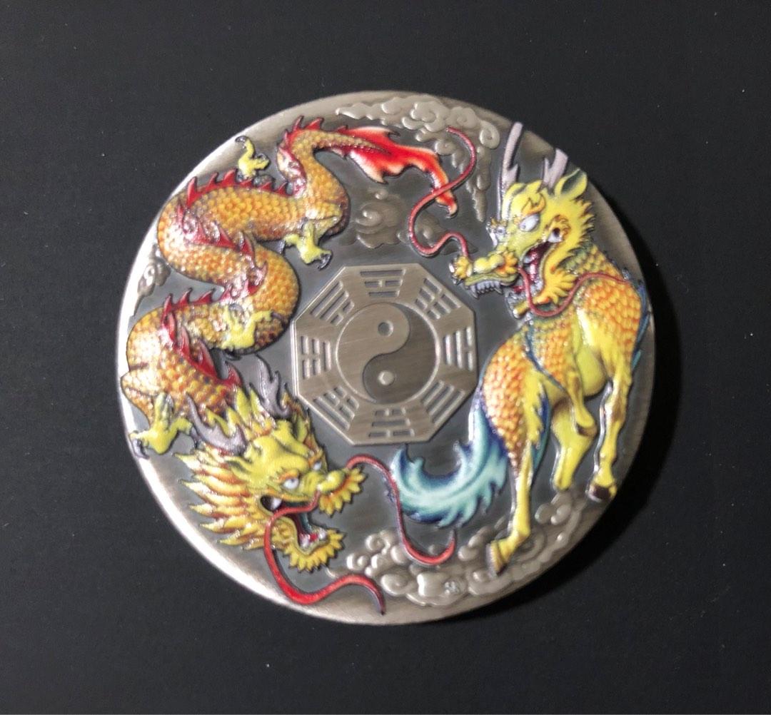 Tuvalu dragon and qilin 2oz silver coloured antiqued coin, Hobbies ...