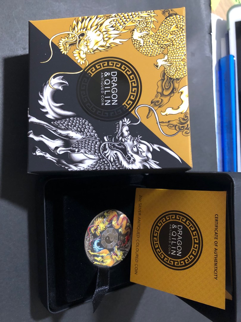 Tuvalu dragon and qilin 2oz silver coloured antiqued coin, Hobbies ...