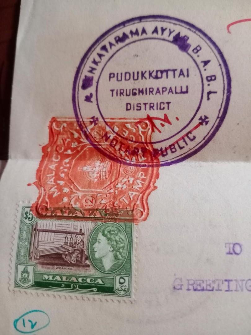 NOTARY PUBLIC - India & Malaya Combo - Malacca 1959 Embossed Stamp and ...
