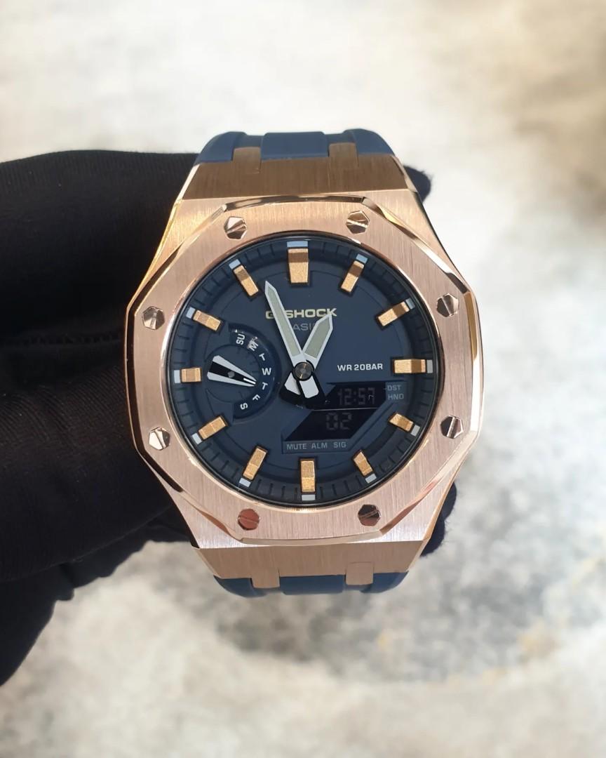 Casioak GA-2100 Blue Face with Rose Gold Index in Rose Gold Bezel Blue ...