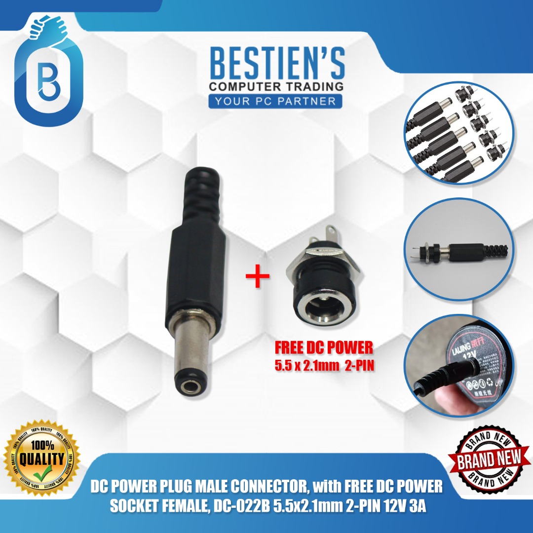 DC POWER PLUG MALE CONNECTOR, with FREE DC POWER SOCKET FEMALE, DC-022B ...