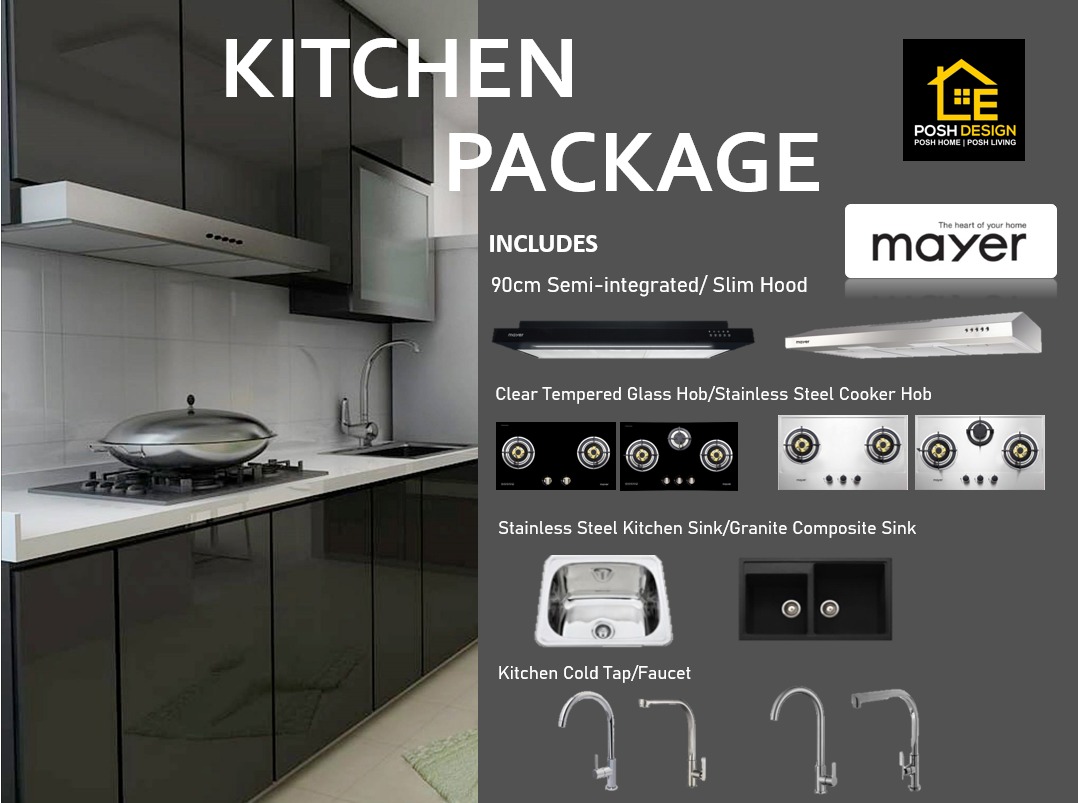 MAYER KITCHEN PACKAGE Hood Sink Chrome Satin Faucet Tap Tempered Hob Stove Reno HDB Condo Landed ...