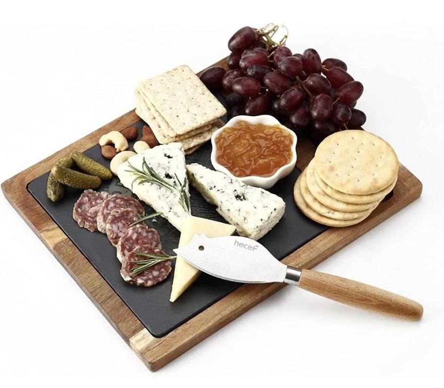 [SG stock] Acacia Wood Cheese Board Set with Black Slate & Cheese knife ...