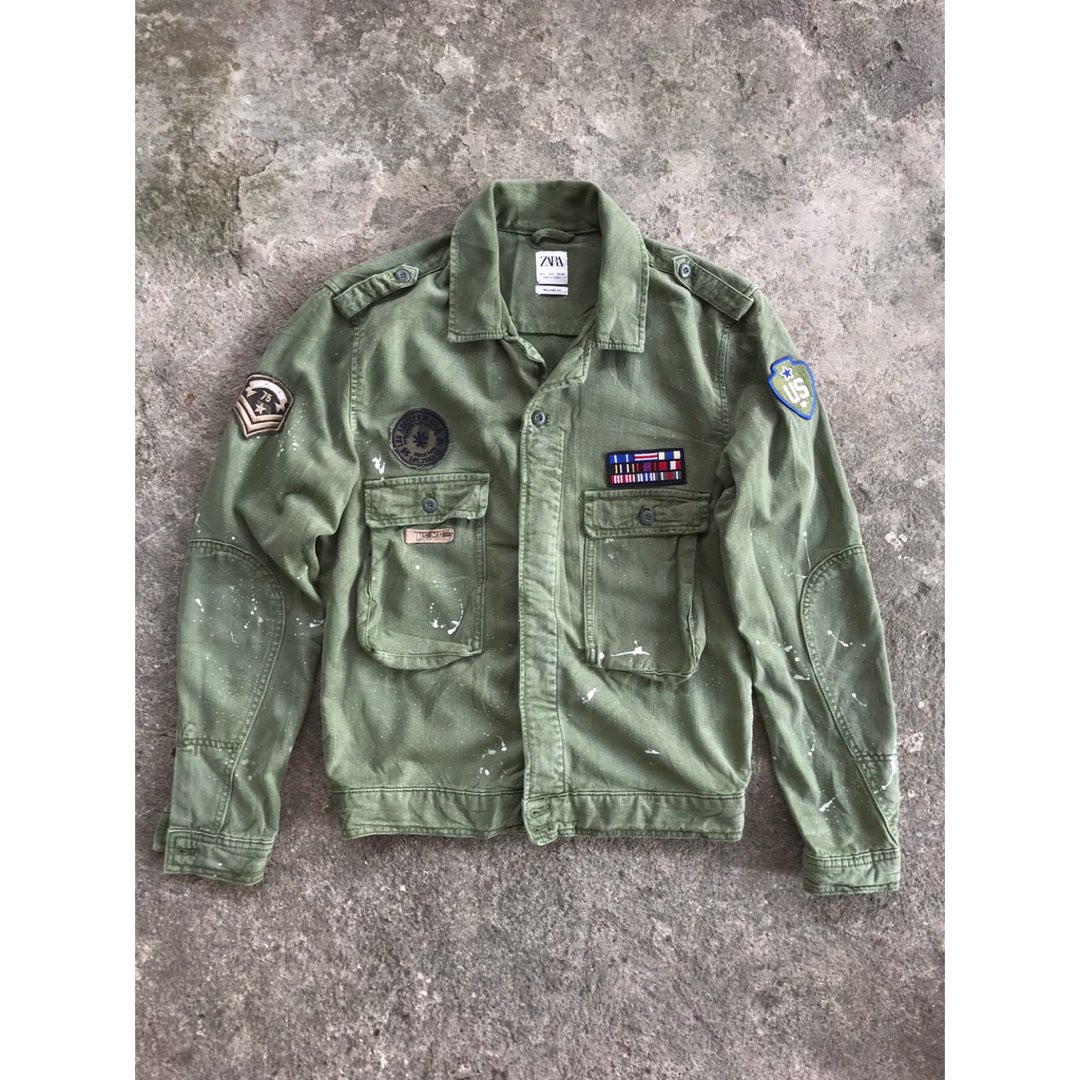 Zara Man Olive Drab Military Field Jacket "Paint Splatter Design", Men ...