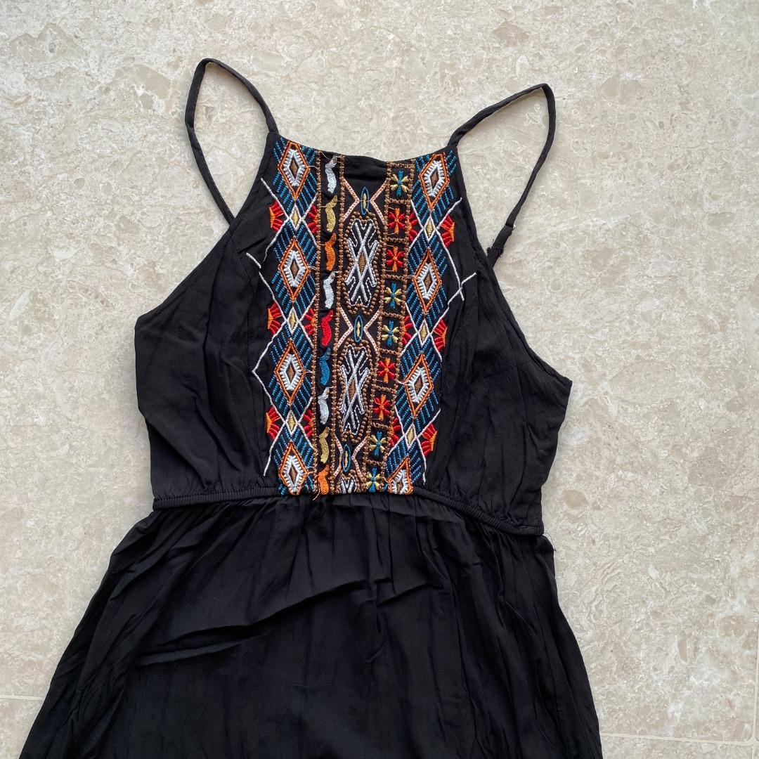 Black Aztec Embroidered Halter Smocked Maxi Dress, Women's Fashion ...