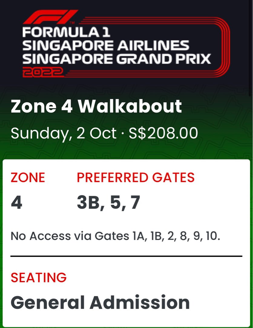 F1 Zone 4 Walkabout ticket, Tickets & Vouchers, Event Tickets on Carousell
