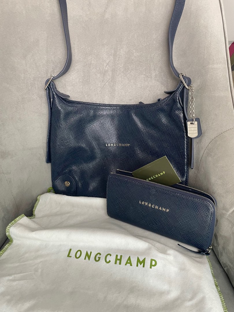 Longchamp Blue Leather Quadri, Women's Fashion, Bags & Wallets, Cross-body Bags on Carousell