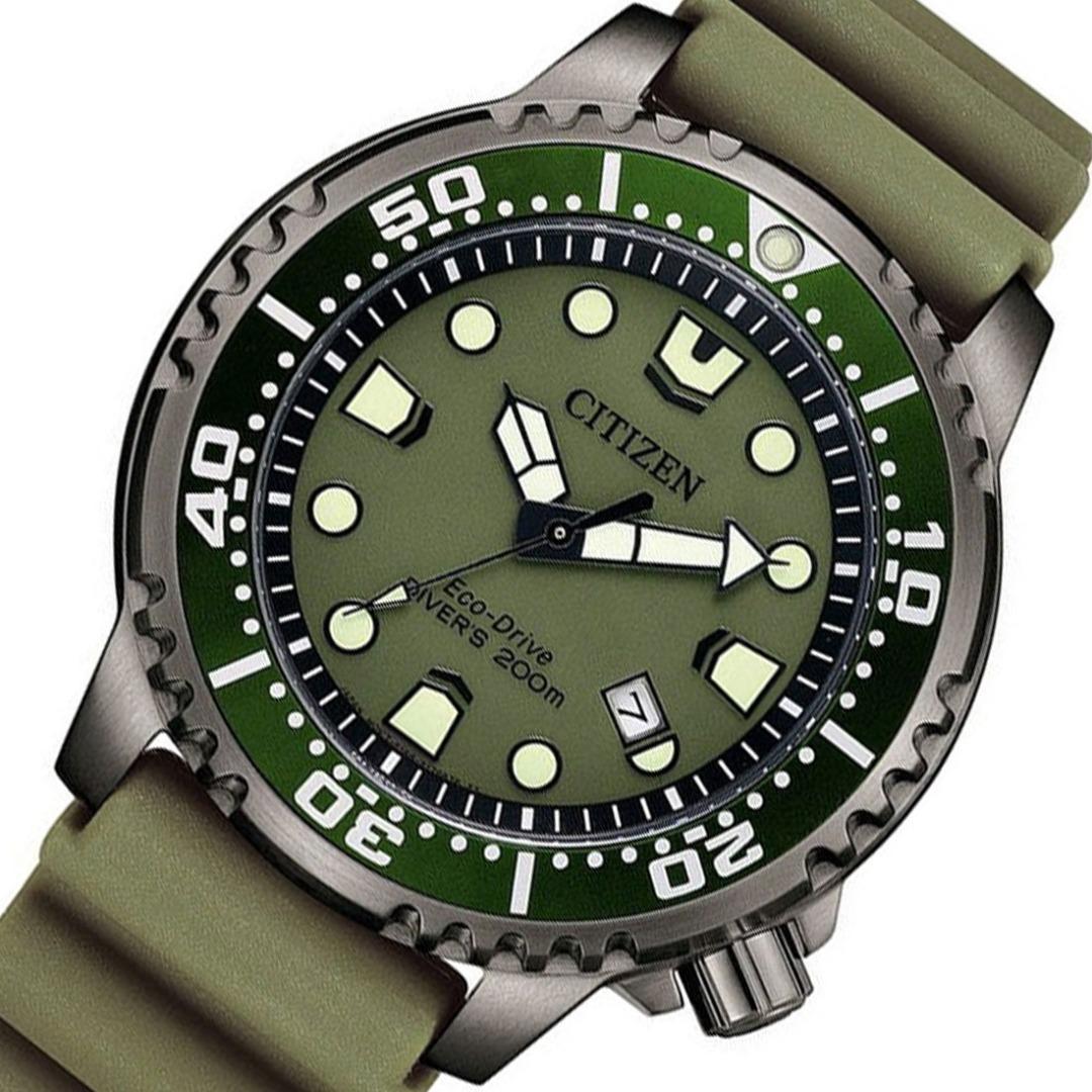 New Arrival 100% Authentic Citizen Promaster Marine Eco-Drive Green Dial Rubber Watch BN0157-11X ...