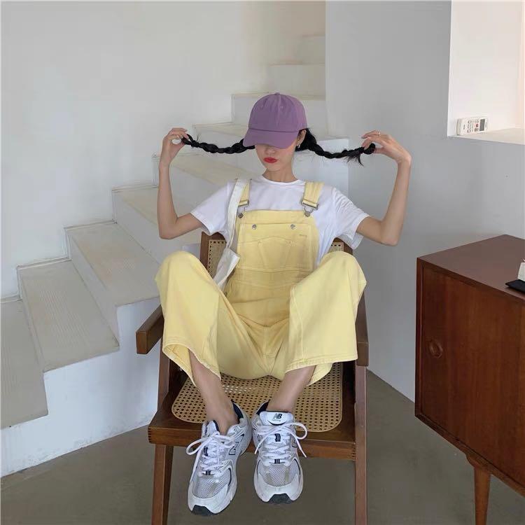 Pastel Yellow Denim Jumper Overalls Jumpsuit, Women's Fashion, Dresses ...