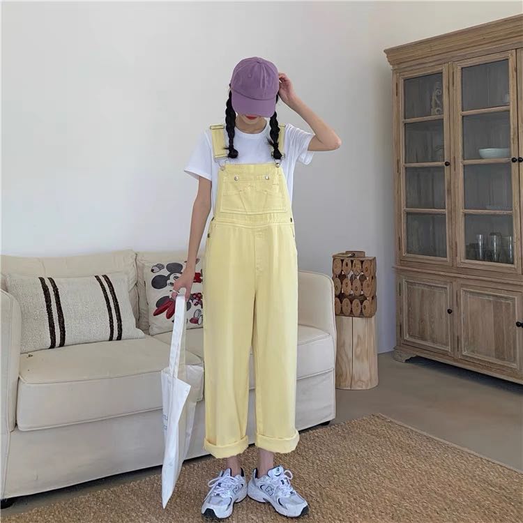 Pastel Yellow Denim Jumper Overalls Jumpsuit, Women's Fashion, Dresses ...