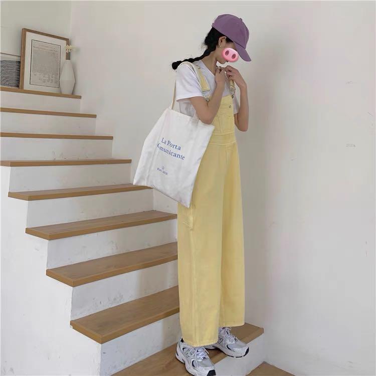 Pastel Yellow Denim Jumper Overalls Jumpsuit, Women's Fashion, Dresses ...