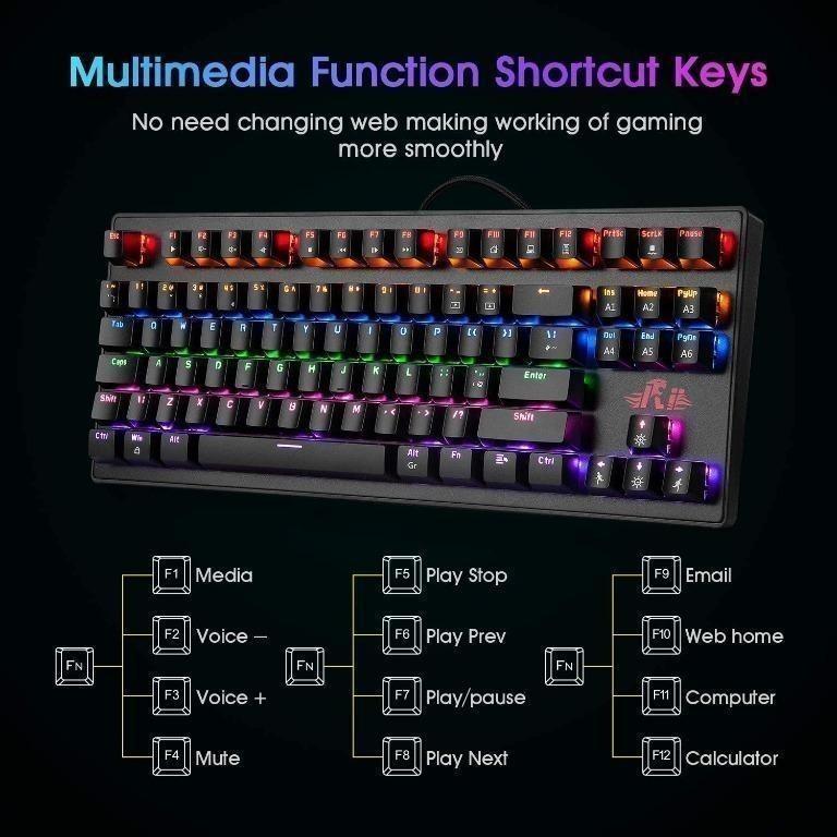 Rii RK908 7 color Mechanical Gaming keyboard 88 Keys LED backlit Wired ...