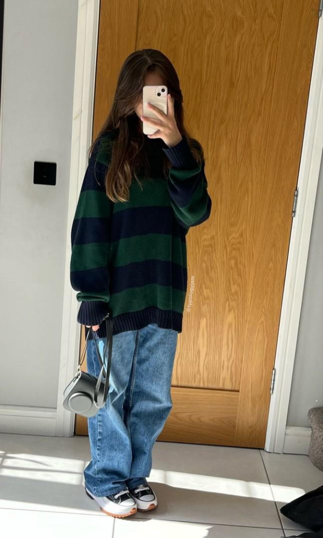 Tate Sweater/ Navy blue and Green Striped Knitted Sweater, Women's ...