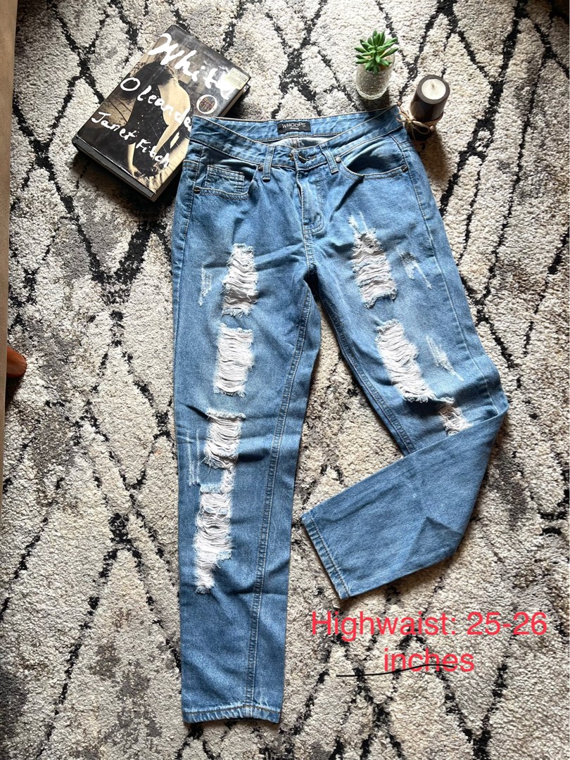 TATTERED DENIM PANTS, Women's Fashion, Bottoms, Jeans on Carousell