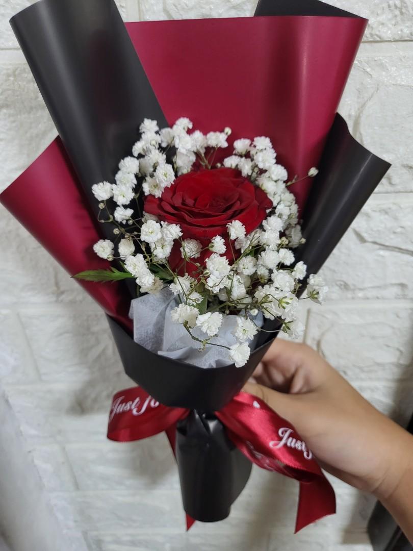 Fresh 1 stalk rose with baby breath bouquet, Hobbies & Toys, Stationery ...