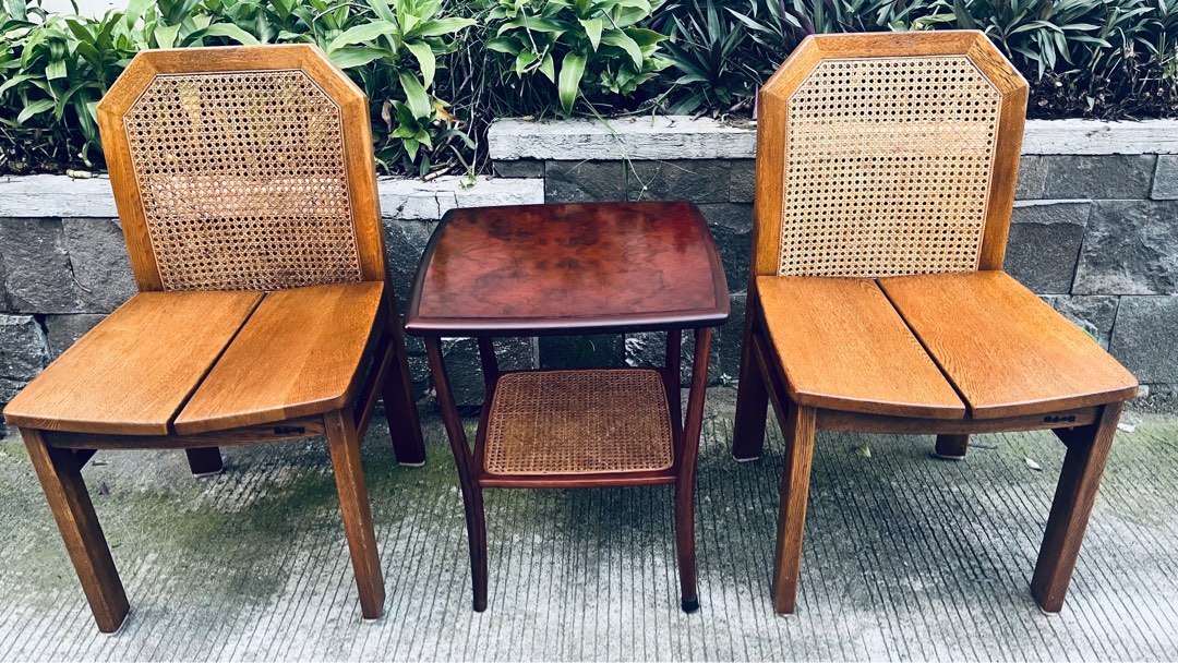 Solid Wood and Rattan Coffee Table and Chairs Set, Furniture & Home ...