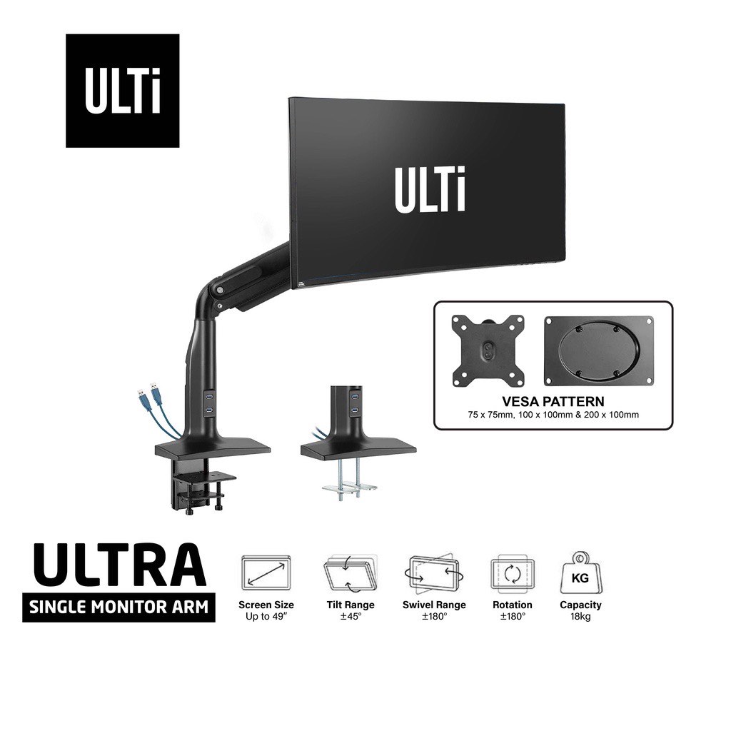 ULTi Ultra Monitor Arm - Fits up to 18kg & 49 inch Ultrawide Monitor ...