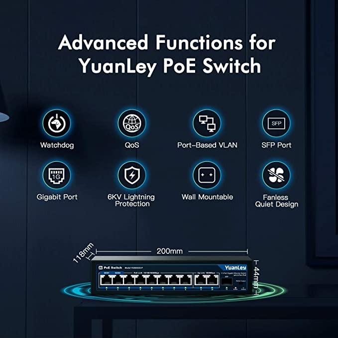 YuanLey 11 Port Gigabit PoE Switch, 8 PoE+ Port 1000Mbps, 2 Gigabit ...