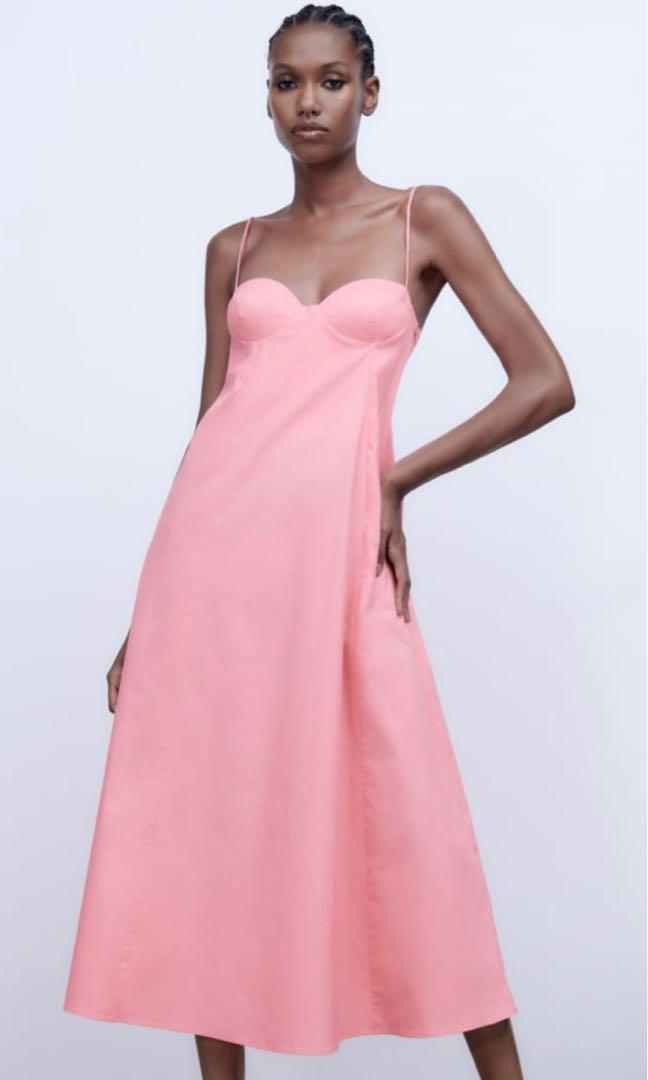 ZARA Poplin Midi Dress in Pink/Champagne Pink, Women's Fashion, Dresses ...