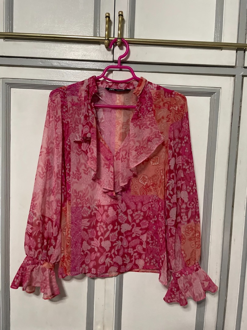 ZARA Ruffle Sheer Top, Women's Fashion, Tops, Blouses on Carousell