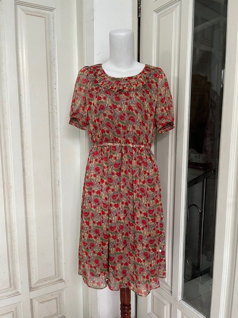 ⚠️ NO NEGO Dress Chiffon Vintage Bunga Coklat Merah, Fesyen Wanita ...