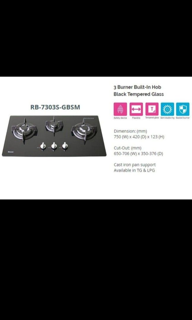 [BNIB]RINNAI RH-S329-PBR SLIMLINE HOOD + RINNAI RB-7303S-GBSM 3 BURNER GLASS HOB, TV & Home ...
