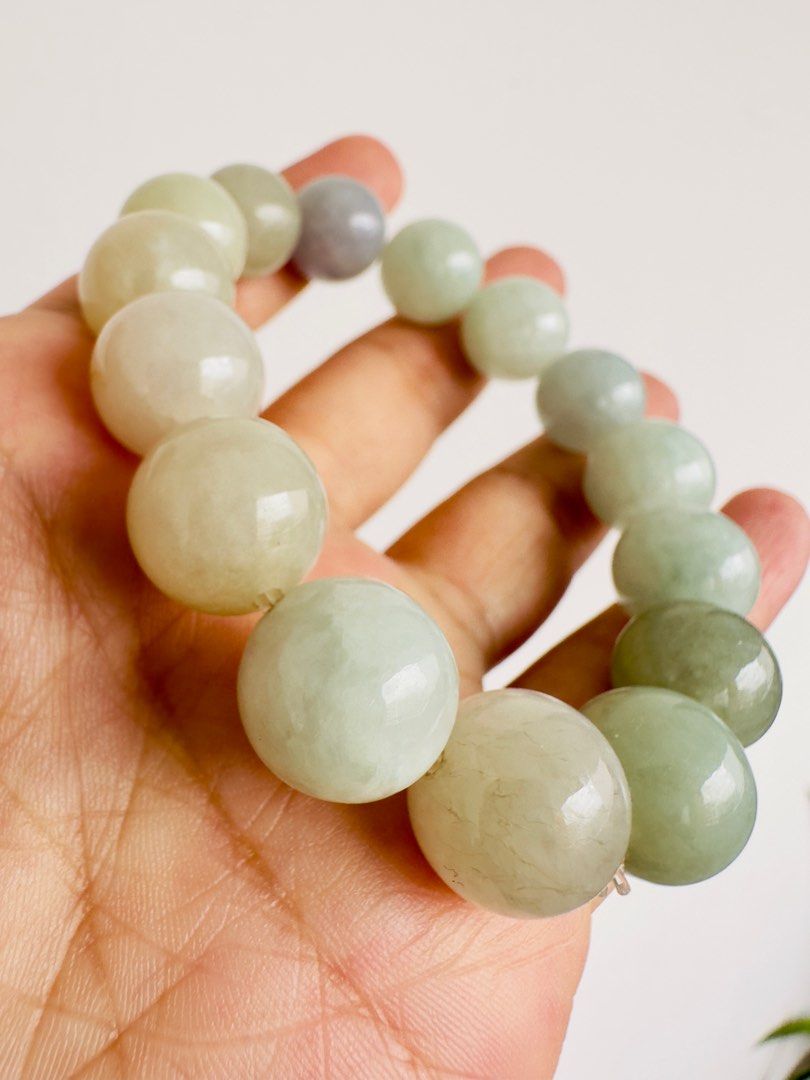 Burmese Jadeite Type A White Green Translucent Jade Bead Bracelet (14mm ...