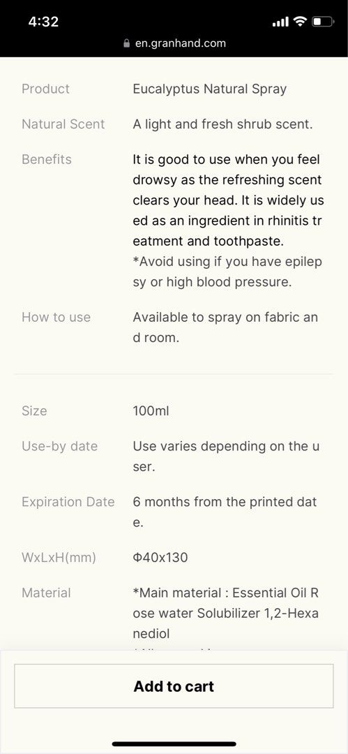 Granhand Eucalyptus Natural Spray, Beauty & Personal Care, Fragrance ...