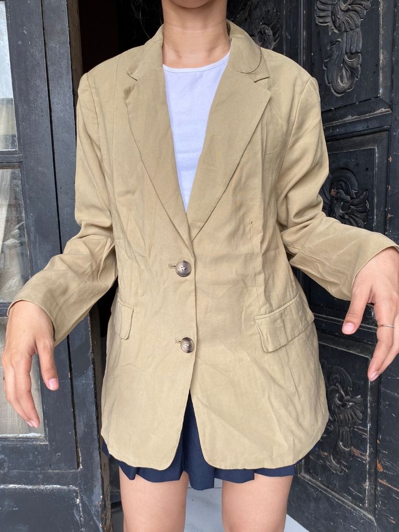 HnM Long Blazer Coksu COklat susu, Fesyen Wanita, Pakaian Wanita, Baju ...