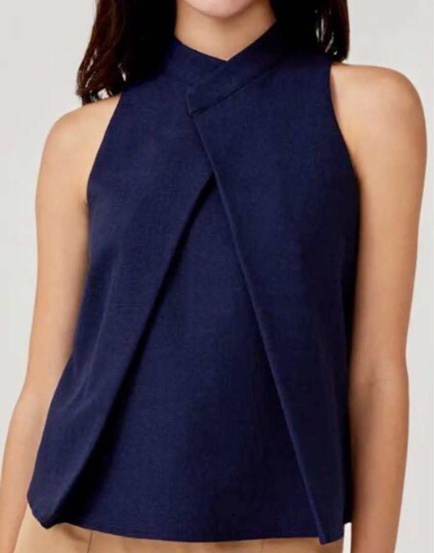 LB Size M Navy Blue Mandarin Collar Folded Top, Women's Fashion, Tops ...