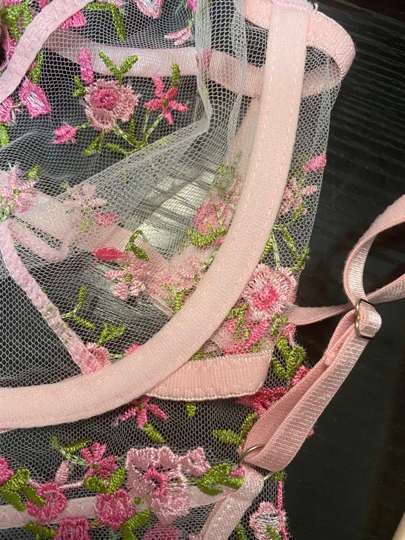 [NEW] SHEIN Embroidery Sheer Mesh Underwire Lingerie Set, Women's ...