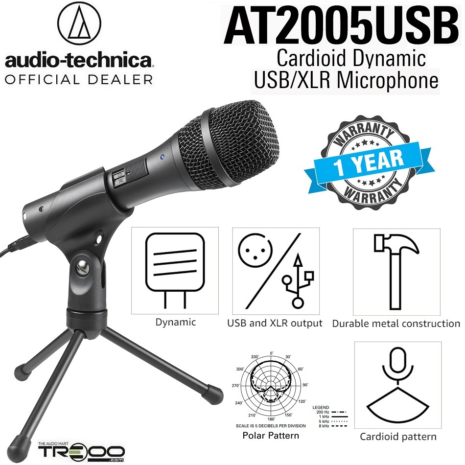 Audio-Technica AT2005USB Cardioid Dynamic USB/XLR Microphone, Audio ...