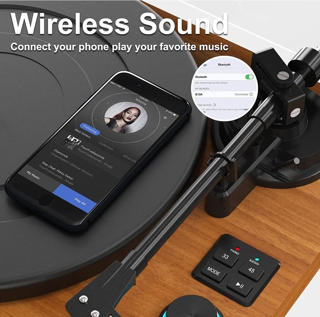 Bluetooth Record Player Wireless Turntable HiFi System Wooden Bluetooth ...
