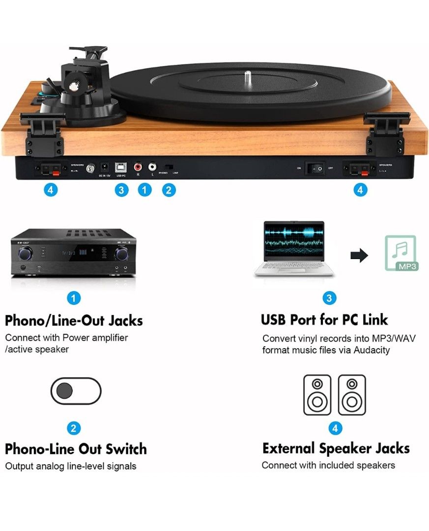 Bluetooth Record Player Wireless Turntable HiFi System Wooden Bluetooth ...