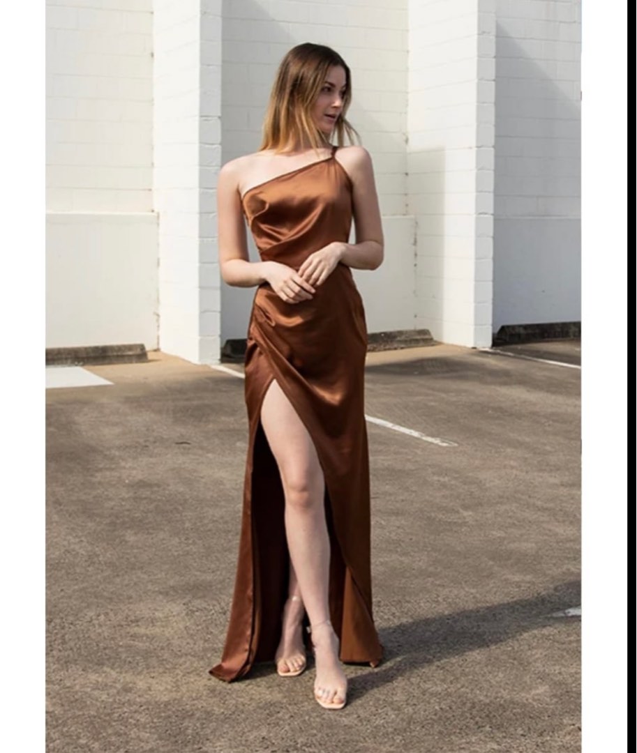 Brown Satin Toga Dress, Women's Fashion, Dresses & Sets, Evening ...
