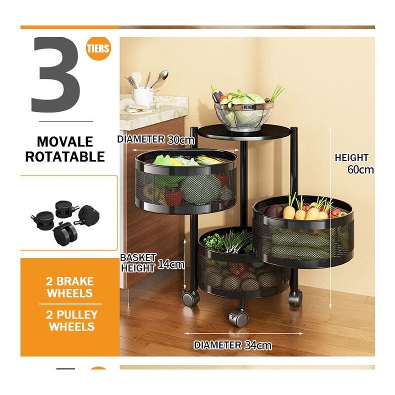Cylindrical Kitchen Rotating Storage Box Basket Trolley Rack Vegetable ...