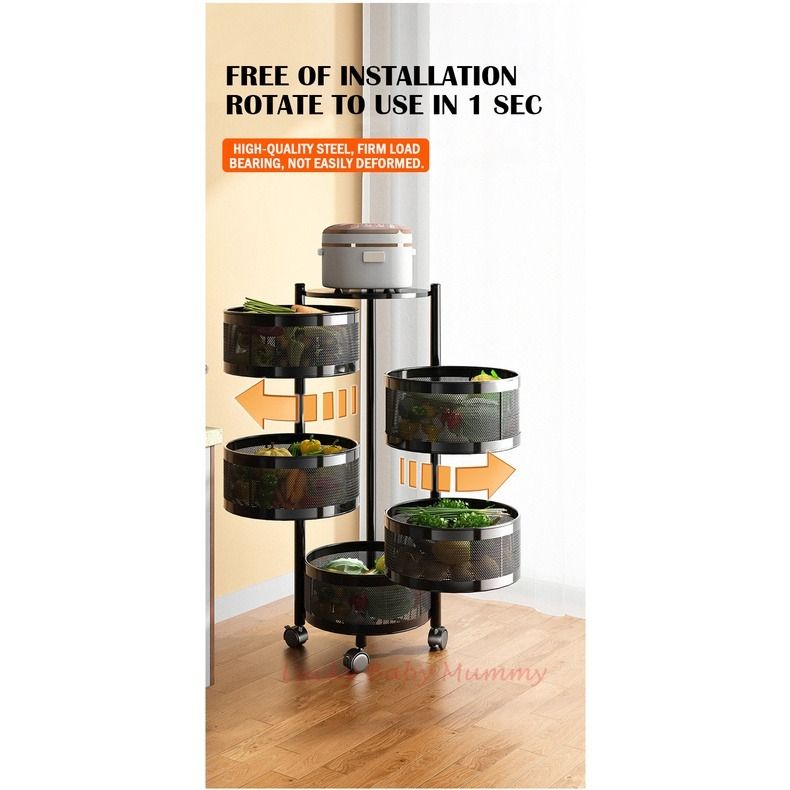 Cylindrical Kitchen Rotating Storage Box Basket Trolley Rack Vegetable ...