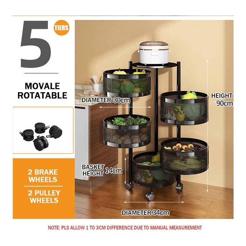 Cylindrical Kitchen Rotating Storage Box Basket Trolley Rack Vegetable ...