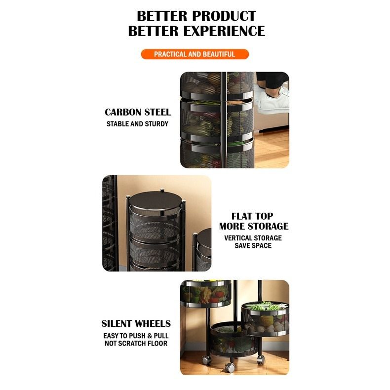 Cylindrical Kitchen Rotating Storage Box Basket Trolley Rack Vegetable ...