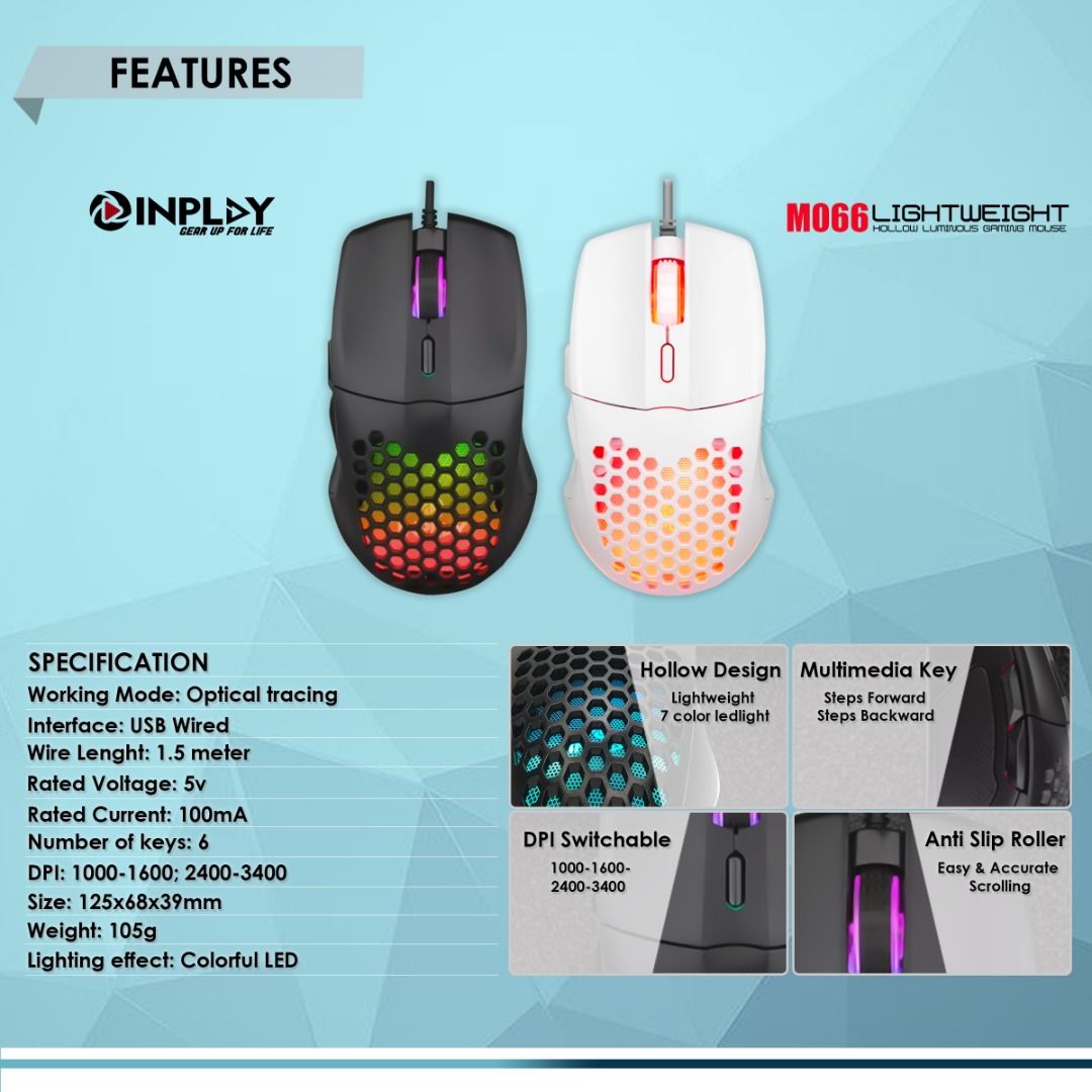INPLAY M066 HOLLOW LUMINOUS GAMING MOUSE, LIGHTWEIGHT COLORFUL LED, USB ...