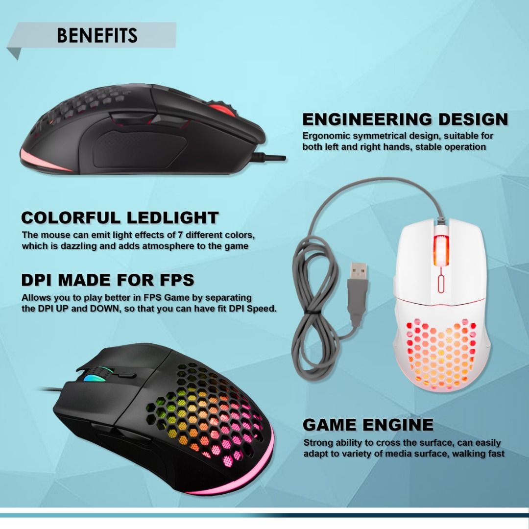 INPLAY M066 HOLLOW LUMINOUS GAMING MOUSE, LIGHTWEIGHT COLORFUL LED, USB ...