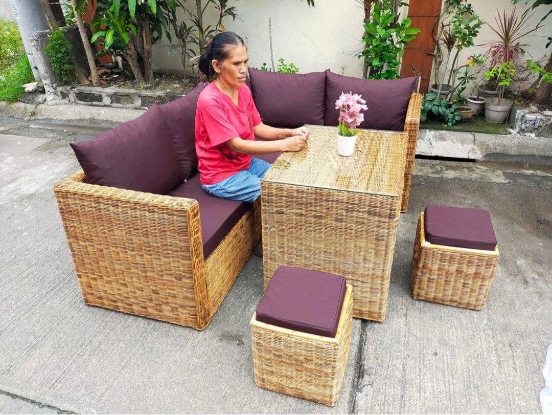 L Shape full weaved wicker Sala set, Furniture & Home Living, Furniture ...