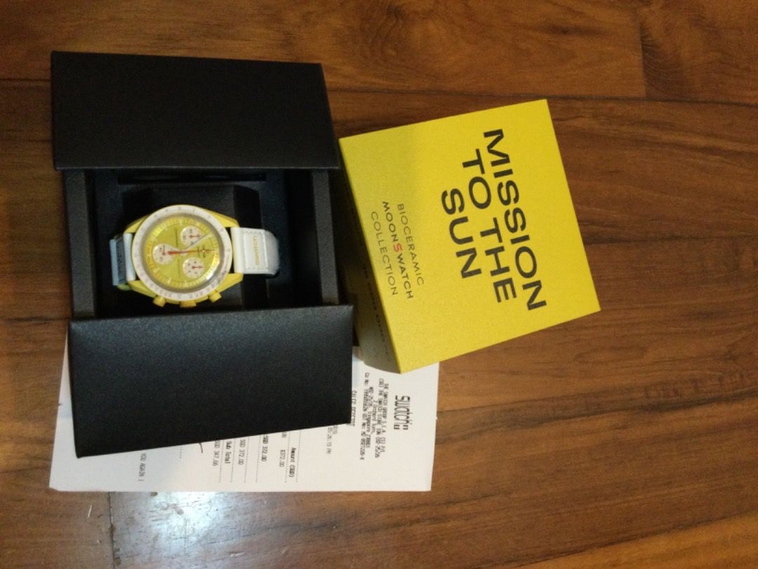 Omega swatch moonswatch watch box yellow mission to the sun blue pink ...