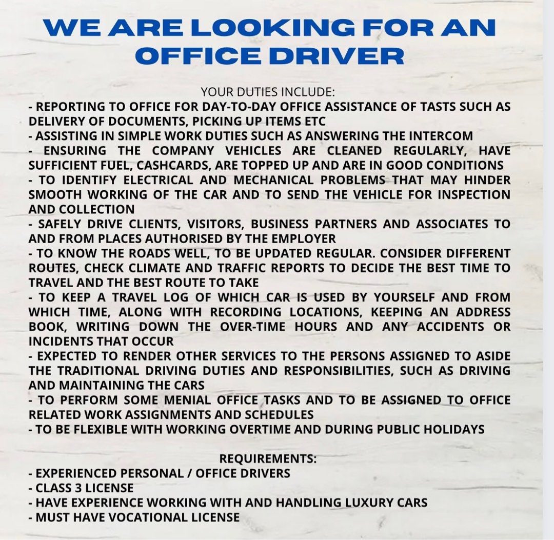 Personal Driver & Office Driver wanted, Jobs, Transport & Delivery on ...