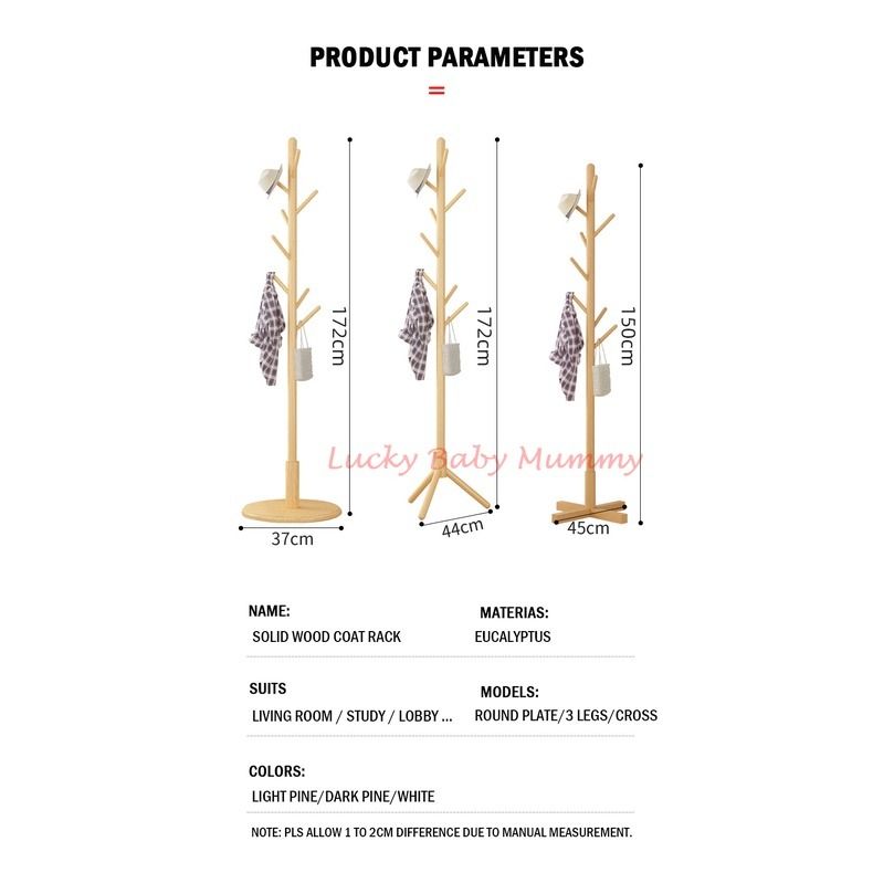 Solid Wood Standing Clothes Hanger Hat Free Stand Coat Rack Wooden Coat ...